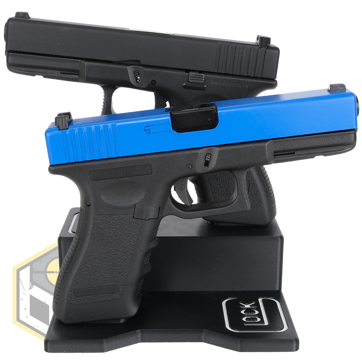 Twin Display Glock Pistol Stand with White Logos - Just BB Guns
