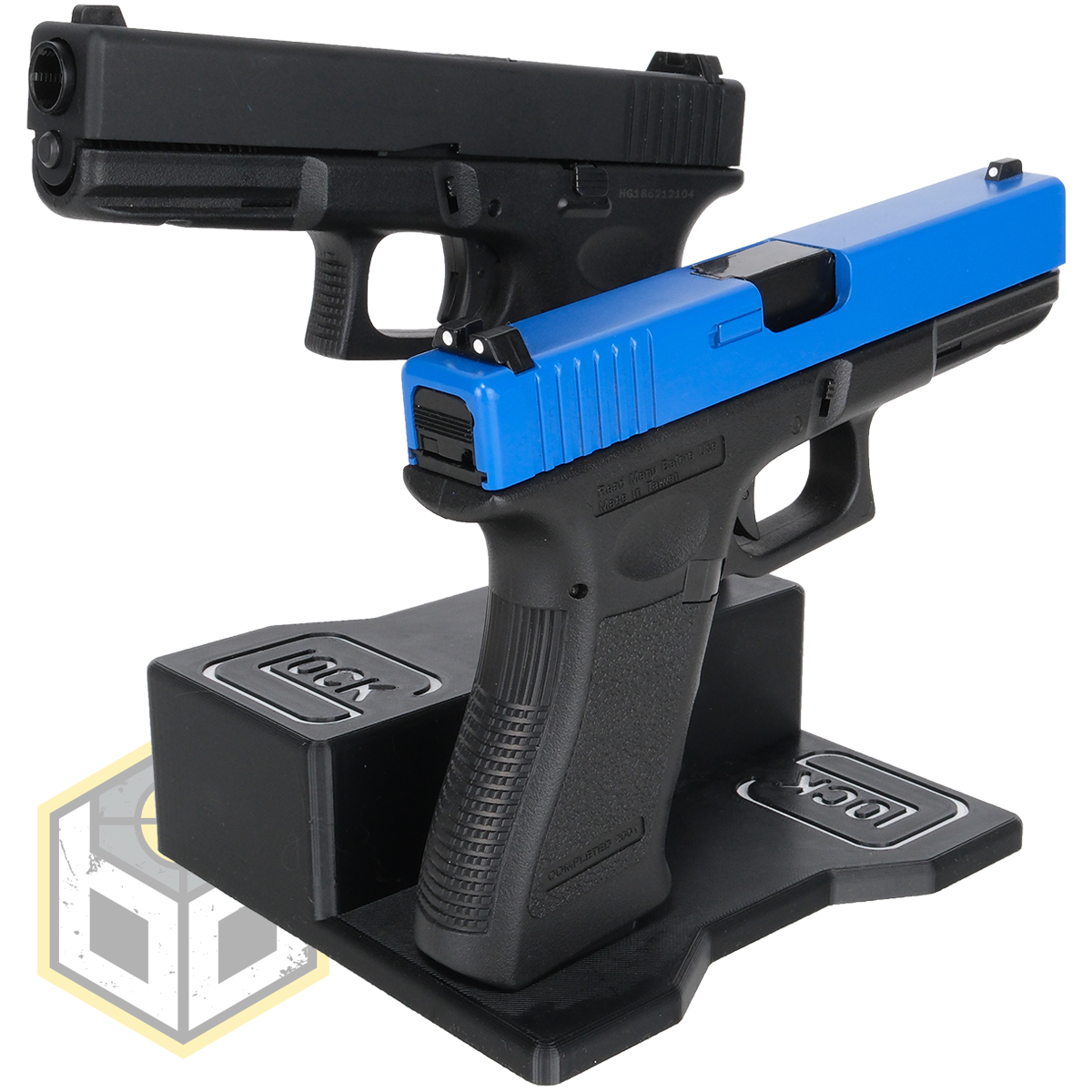 Twin Display Glock Pistol Stand with White Logos - Just BB Guns